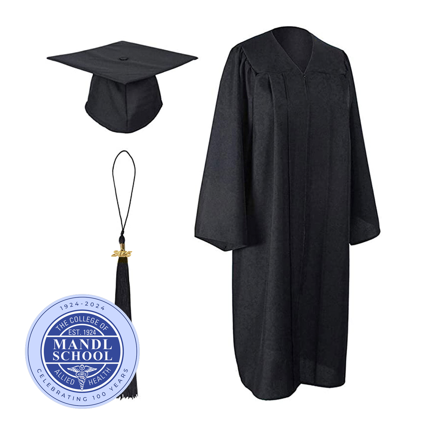 Mandl School 2025 Graduation Cap & Gown Set – Matte Black with Matching ...
