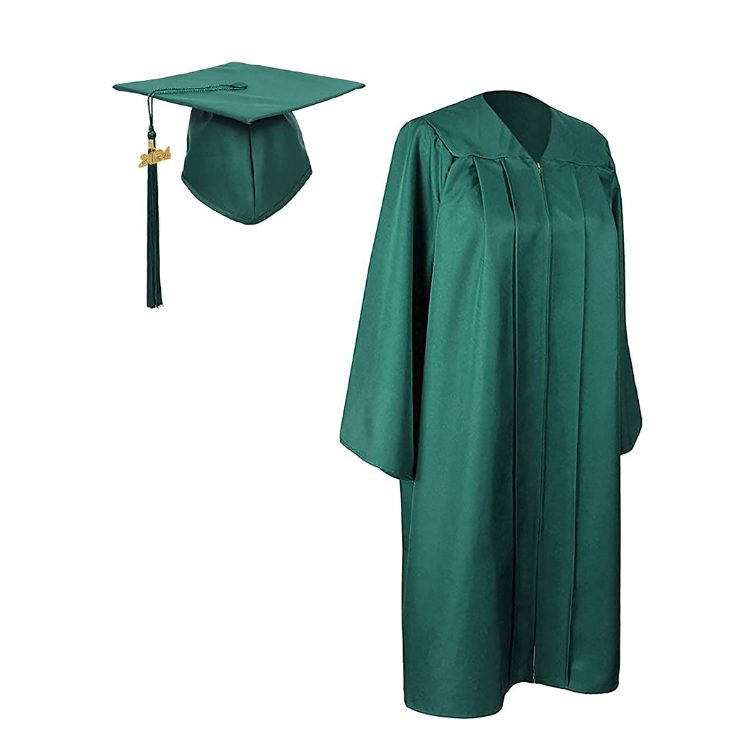 Matte Hunter Green Cap, Gown and Tassel for Graduation