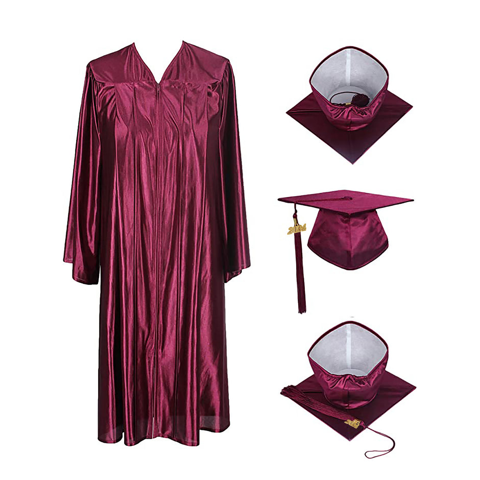 Shiny Maroon Cap, Gown & Tassel for Graduation