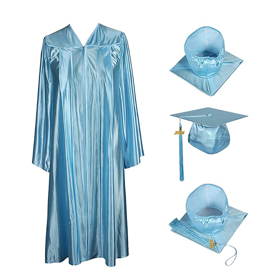 Shiny Light Blue Cap, Gown & Tassel for Graduation